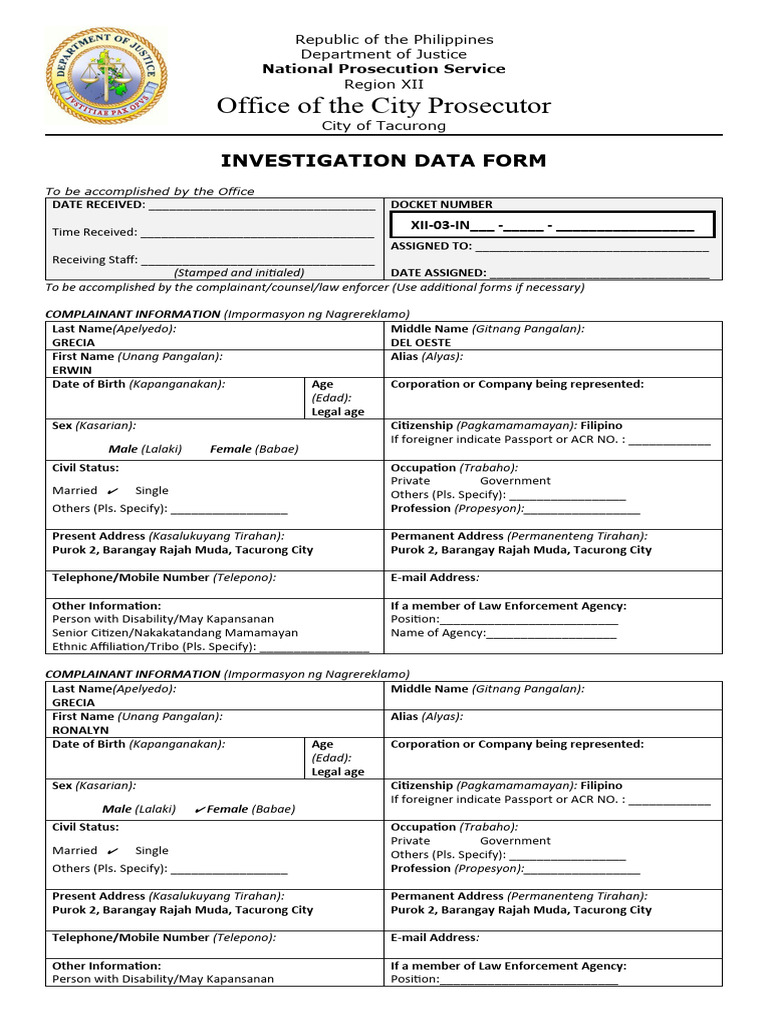 Office of The City Prosecutor: Investigation Data Form | PDF ...