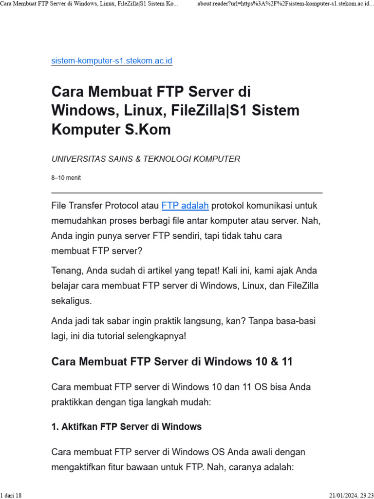 Cara Membuat FTP Server Di Windows, Linux, FileZilla S1 Sistem Komputer S.kom | PDF