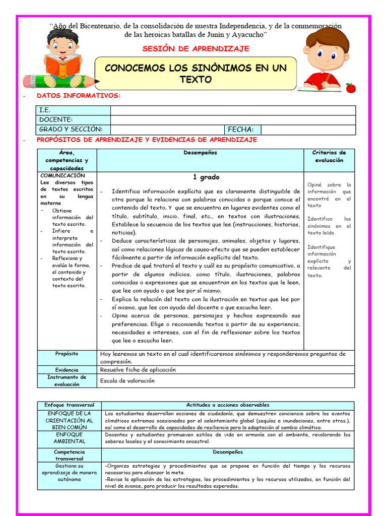 1º U5 s1 Sesion d3 Com Conocemos Sinonimos en Un Texto | PDF | Aprendizaje | Evaluación