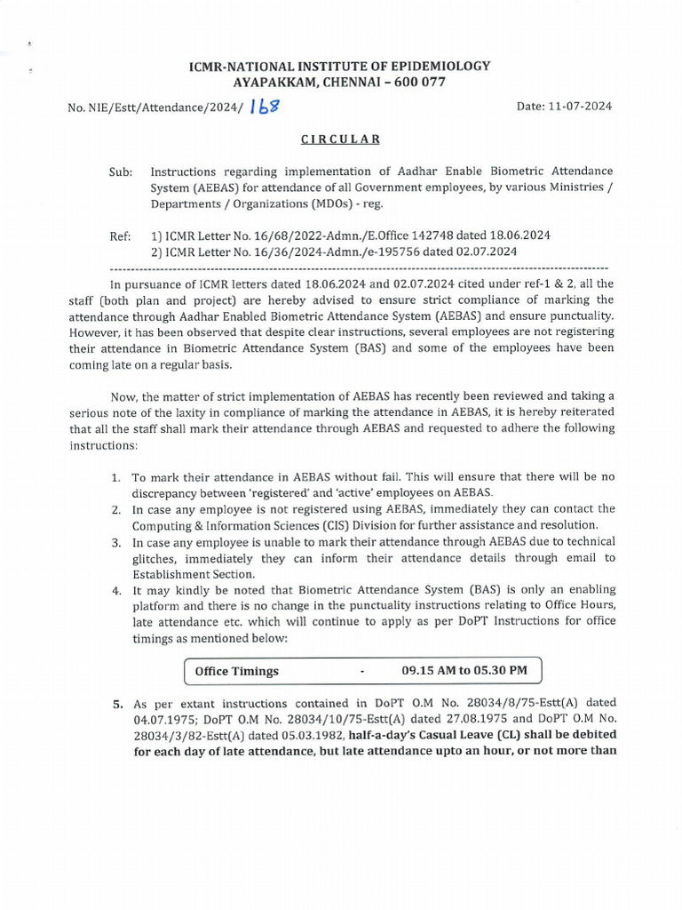 Circular - Instructions Regarding Aadhar Enable Biometric Attendance System (AEBAS) For ...