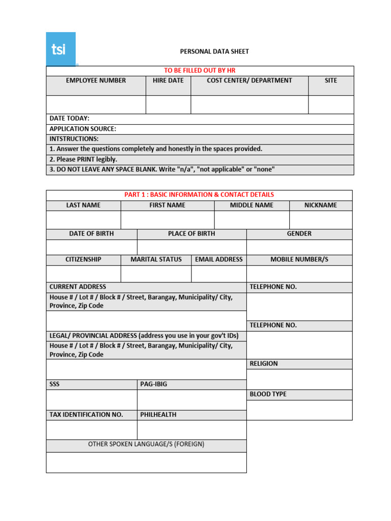 Personal Data Sheet - Last Name, Full Name | PDF