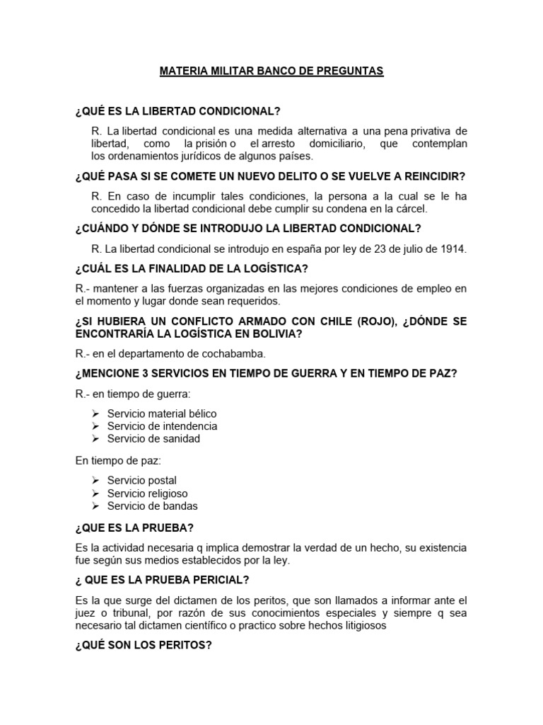 Materia militar banco de preguntas | PDF | Libertad condicional | Movimiento Internacional de la ...