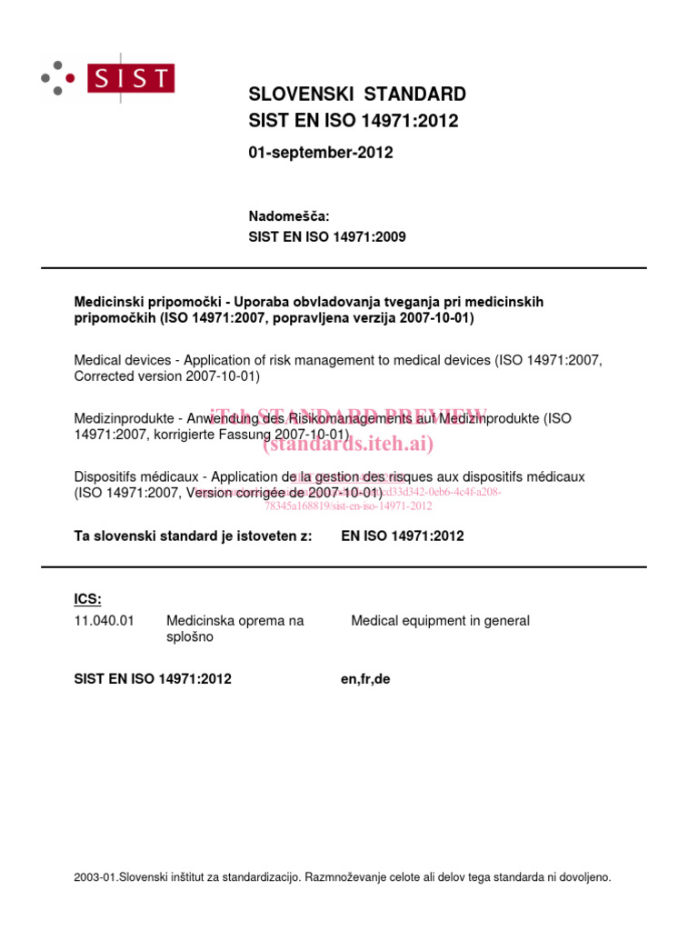 SIST-EN-ISO-14971-2012 | PDF | Risk | Medical Device