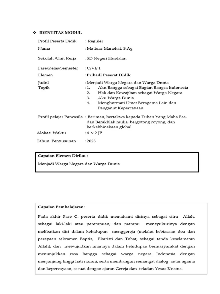 MODUL AJAR PAKAT KELAS VI BAB I - Compressed | PDF