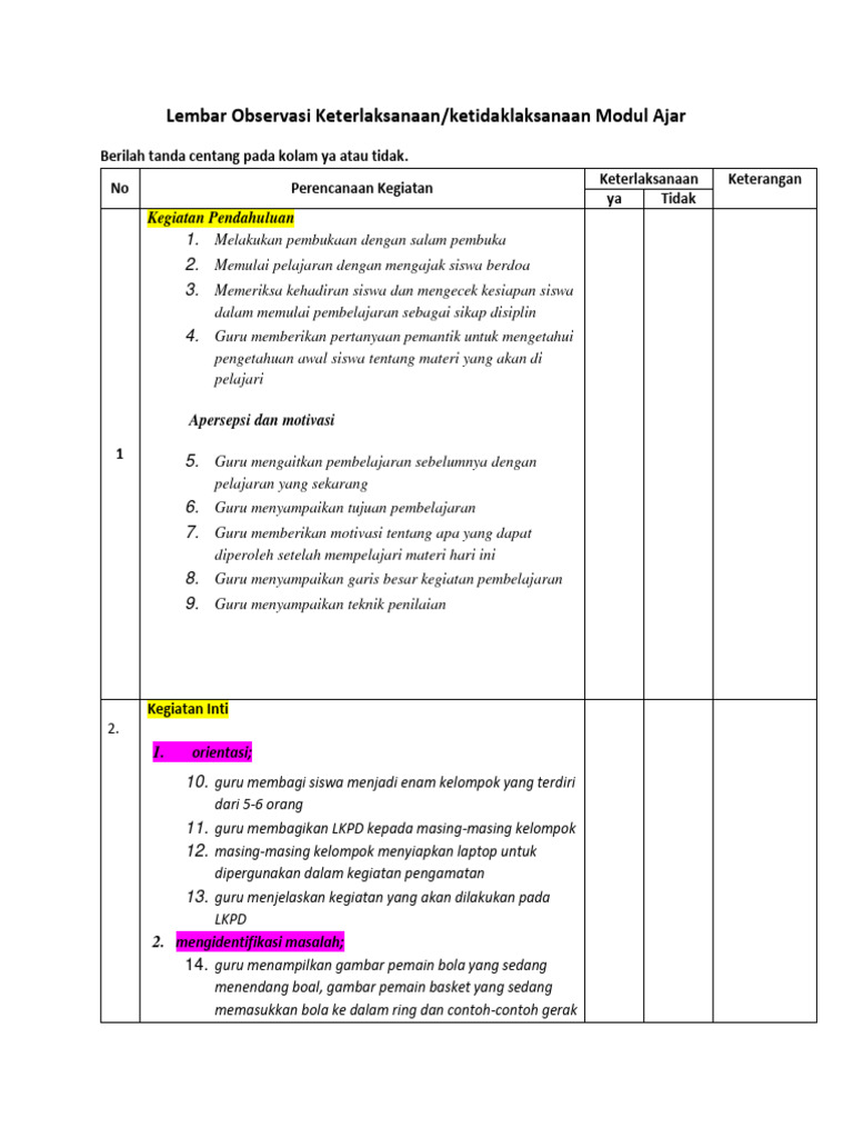 Lembar Observasi Keterlaksanaan Modul Ajar | PDF