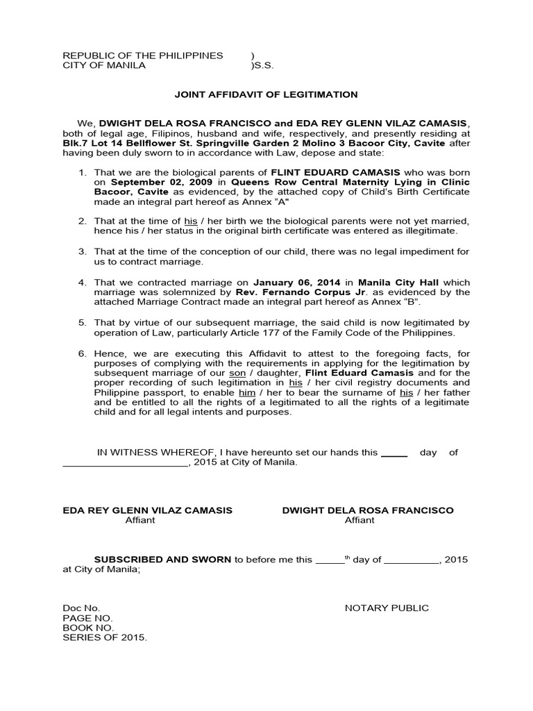 Affidavit of Legitimation | PDF | Affidavit | Birth Certificate