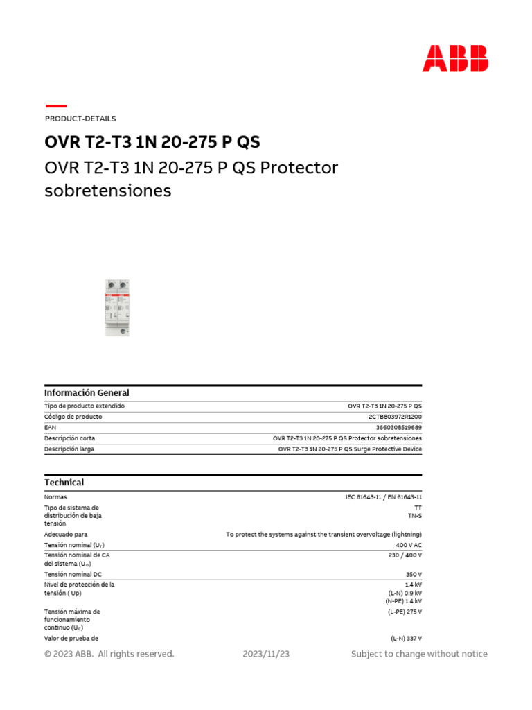 OVR T2-T3 1N 20-275 P QS Protector Sobretensiones | PDF | Metrología | Cantidad