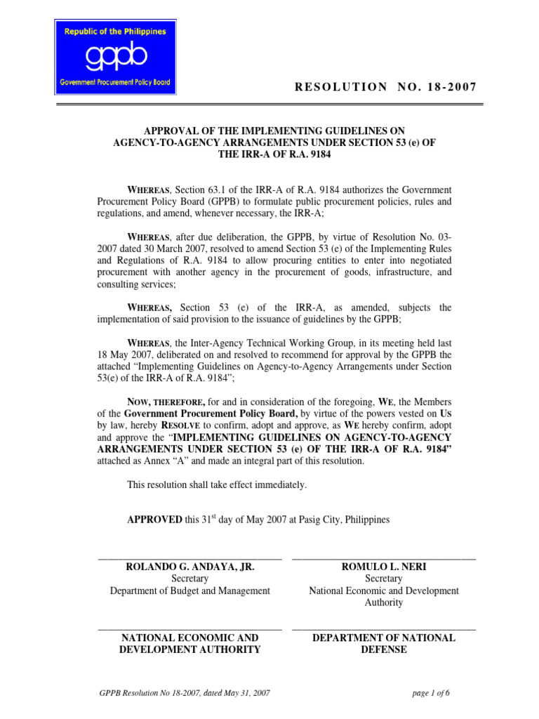 GPPB Resolution No. 18 2007 | PDF | Procurement | Infrastructure