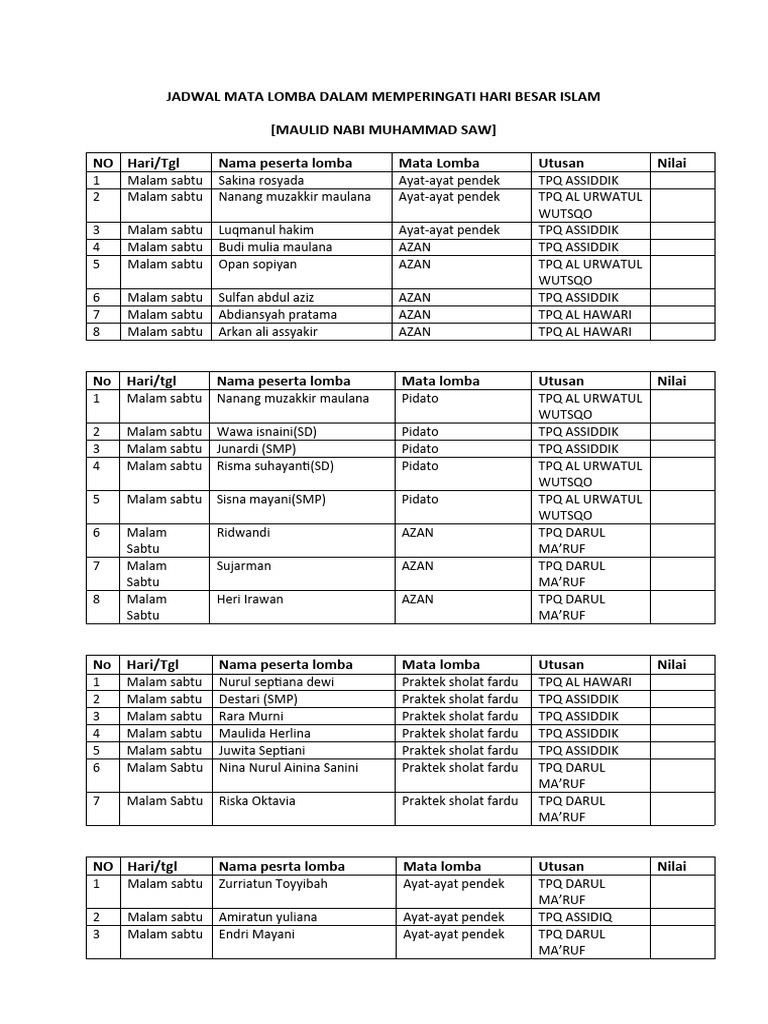 Jadwal Mata Lomba Dalam Memperingati Hari Besar Islam | PDF