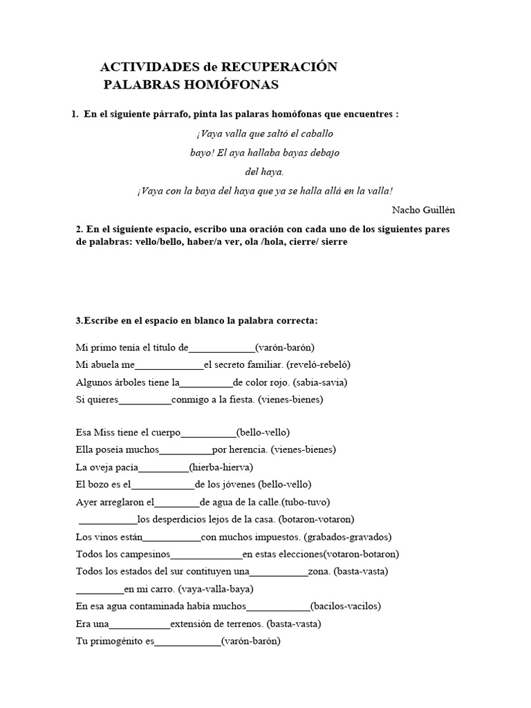 Actividades Sobre Palabras Homófonas | PDF | Artes del Lenguaje y ...