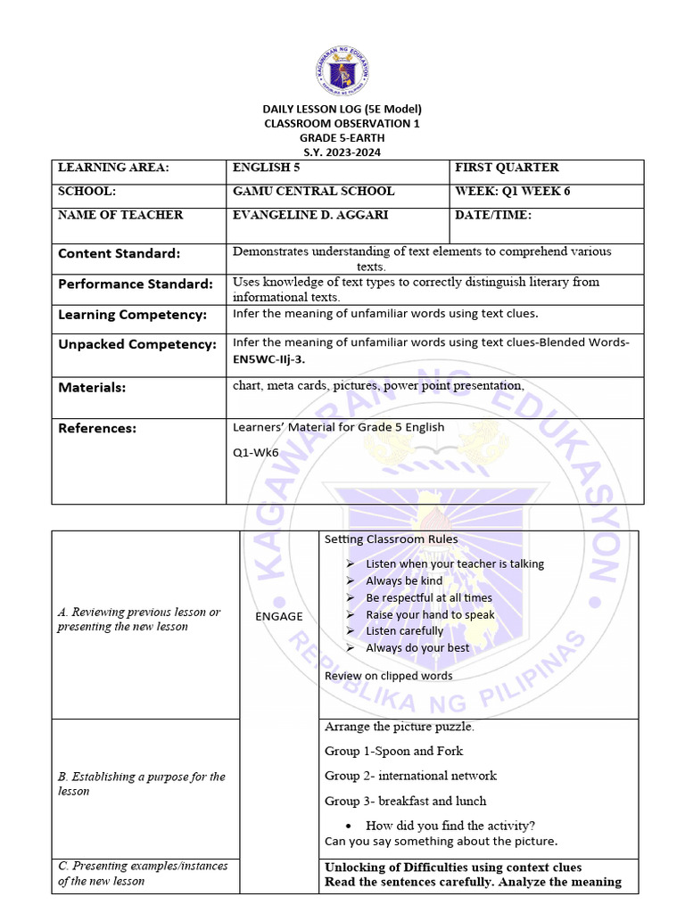 Cot English 5 2022 Vangie 5e Blended Words | PDF | Cognitive Science ...