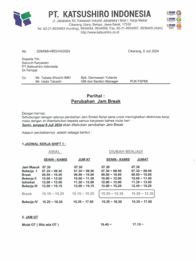Perubahan Jam Break 08 Juli 2024 | PDF
