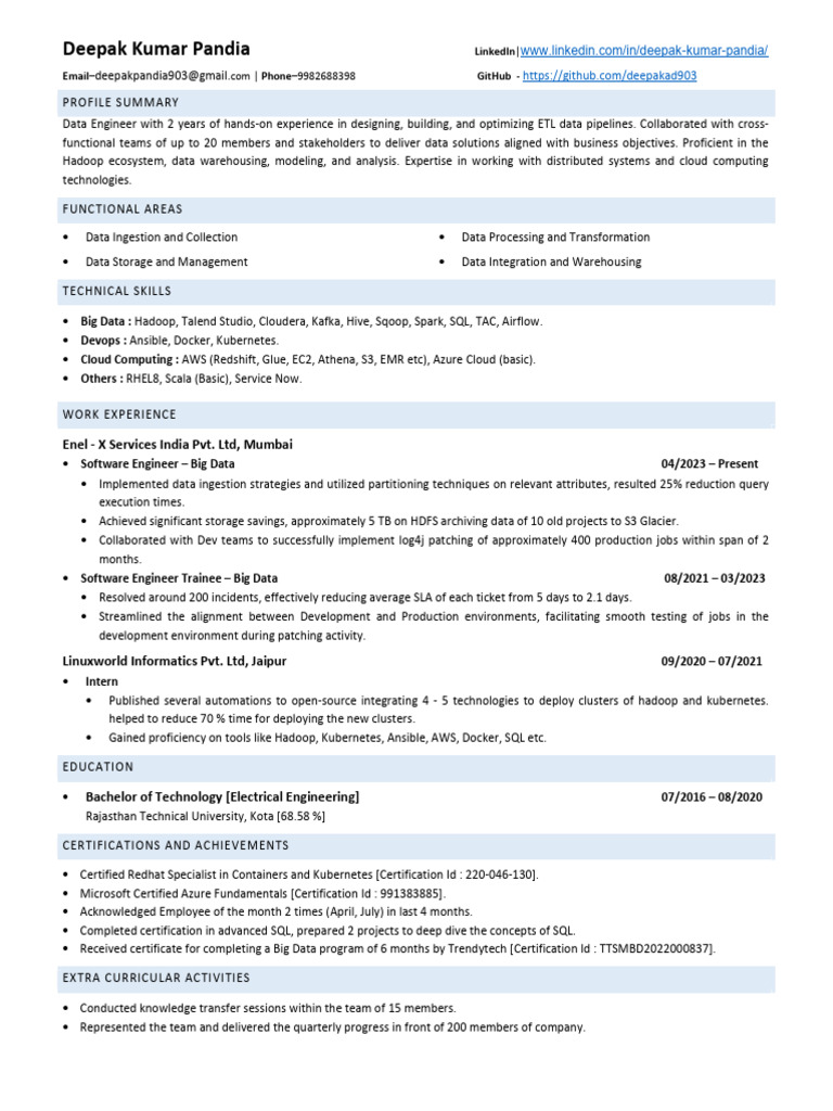 Deepak Kumar Pandia - Resume PDF | PDF | Apache Hadoop | Cloud Computing
