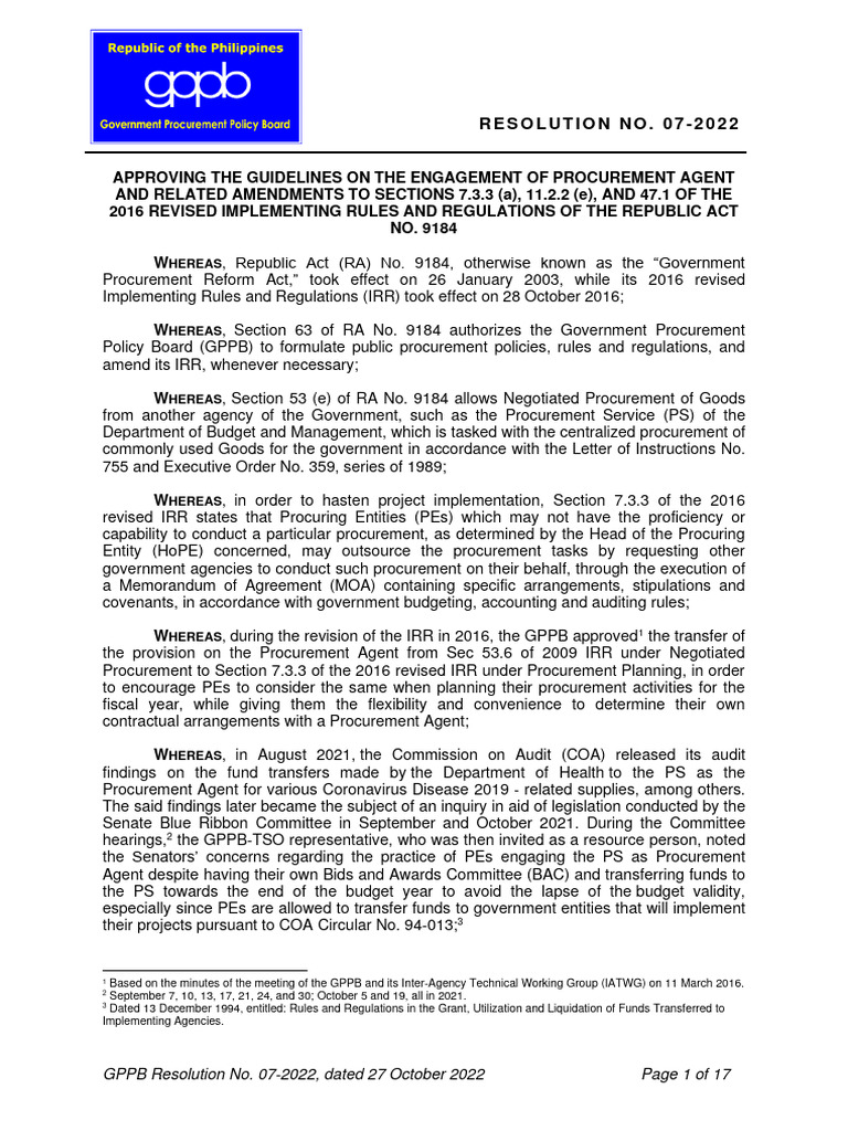 GPPB Resolution No. 07 2022 | PDF | Procurement