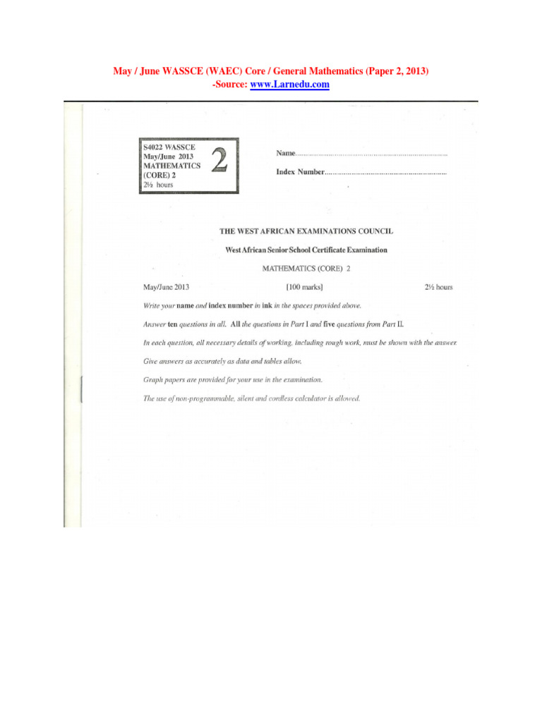 May June WASSCE WAEC Core General Mathematics Past Questions Paper 2 ...