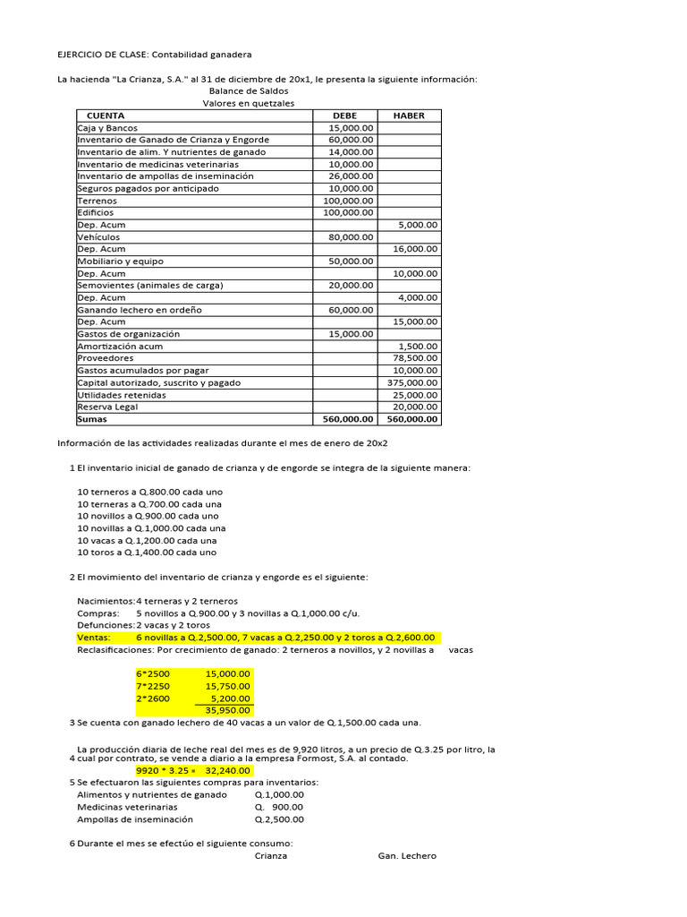 2.2 Solución Cont Ganadera Por Revaluacion Ejerc de Clase La Crianza | PDF | Vacas | Salario