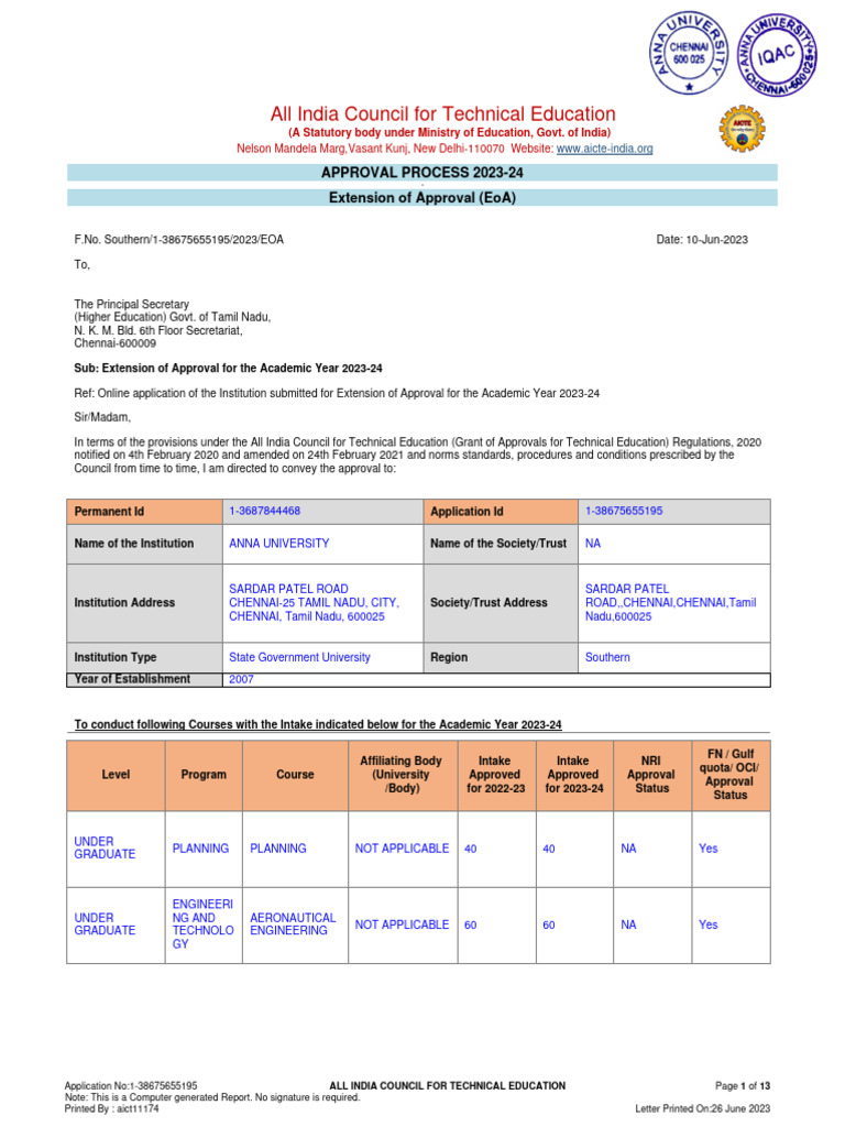 AICTE Approval - EoA 2023-24 | PDF | Engineer | Engineering