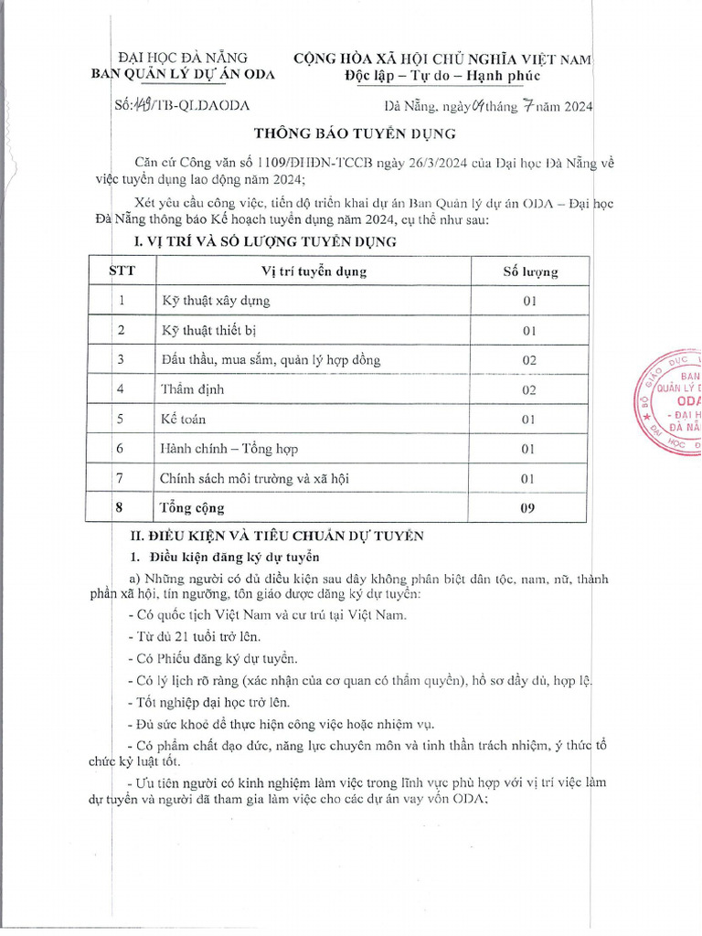 TB Tuyen Dung 2024 Oda 5.7 | PDF