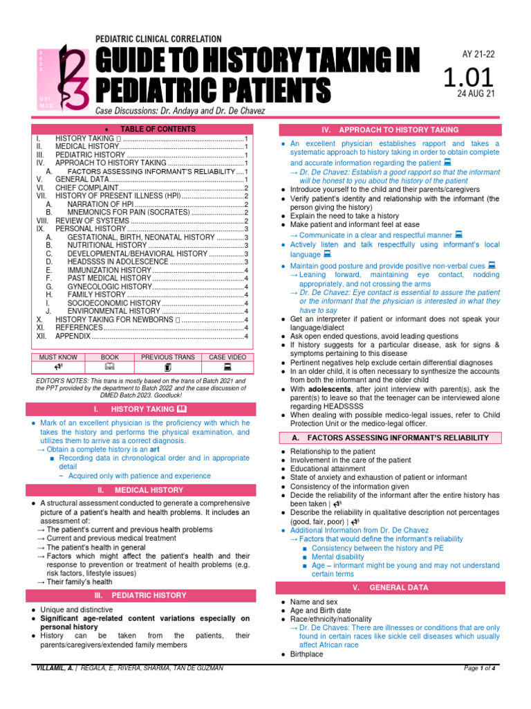 PED.PCC.CD.1.01.Guide to History Taking in Pediatric Patients | PDF ...
