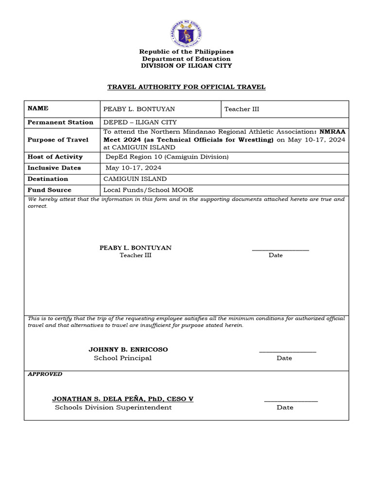 Travel Authority For Official Travel Peaby | PDF