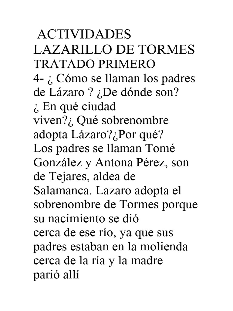 Actividades Lazarillo de Tormes | PDF
