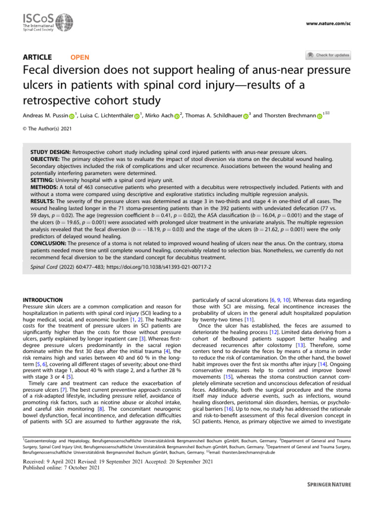 Fecal Diversion Does Not Support Healing of Anus-Near Pressure Ulcers ...
