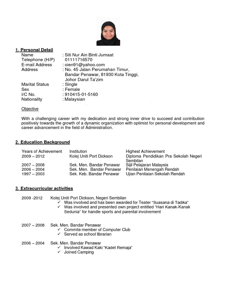 Siti Nur Ain BT Jumaat - Resume - Admin 2 | PDF