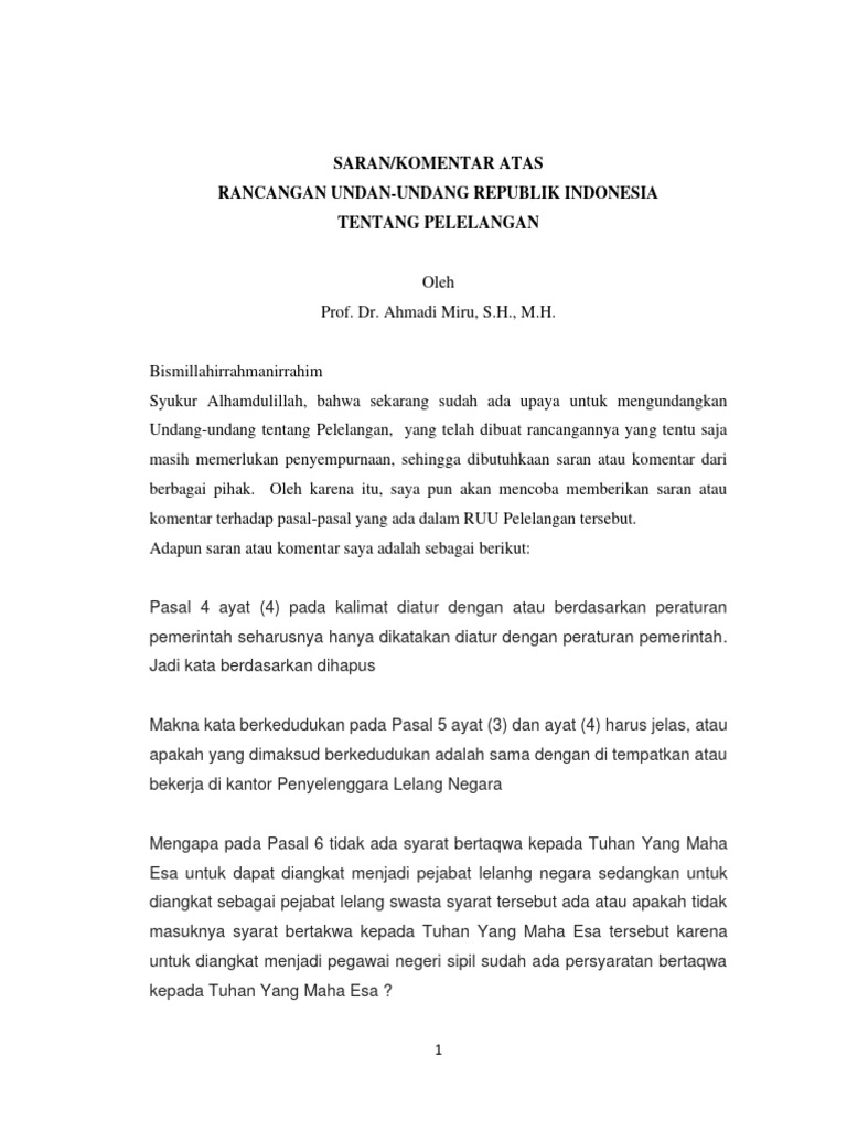 Prof. Dr. Ahmadi Miru, S.H., M.H - Paparan RUU LELANG | PDF Prof. Dr. Ahmadi Miru, S.H., M.H - Paparan RUU LELANG | PDF