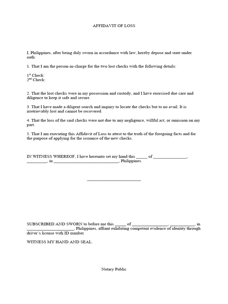 Affidavit of Loss (Check) | PDF