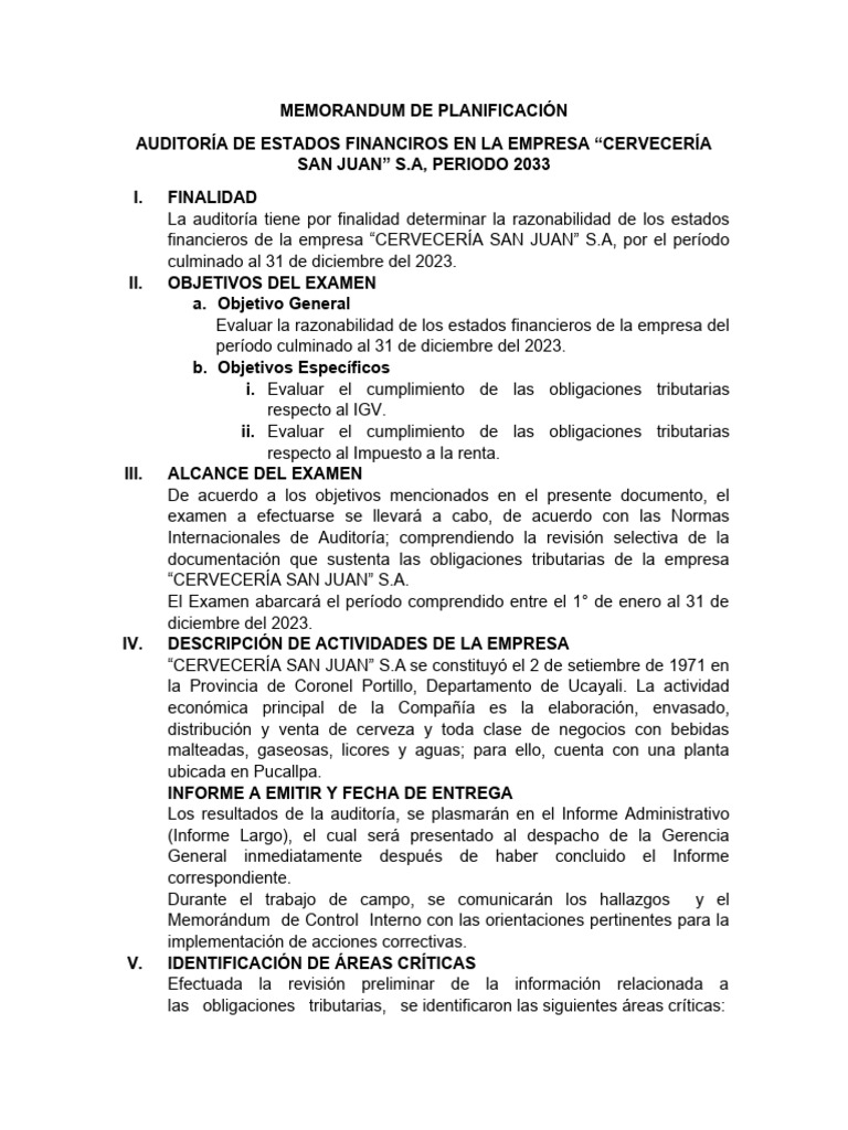 Memorandum de Planificacion | PDF | Auditoría | Negocios económicos
