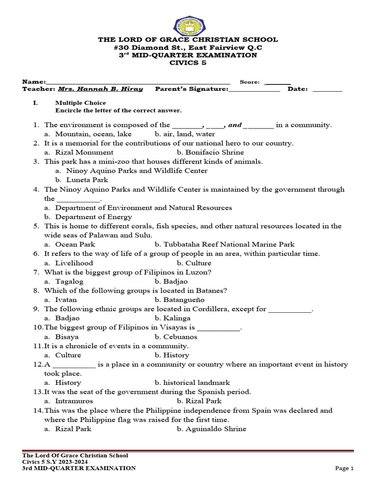 3rd Mid Quarter Exam in Civics 5 | PDF | Philippines