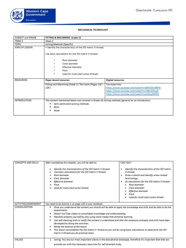 Grade 11 Fitting & Machining: V-Thread Calculations | PDF | Screw ...