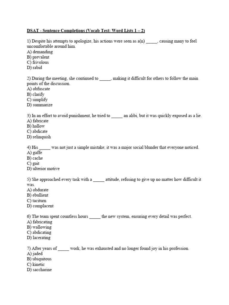 DSAT Vocabulary Sentence Completions | PDF | Career & Growth | Foreign ...