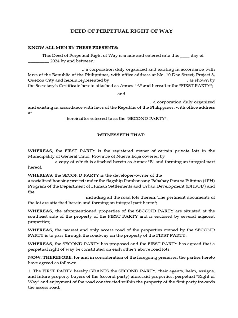 Deed of Perpetual Right of Way | PDF | Property Law | Civil Law (Common ...