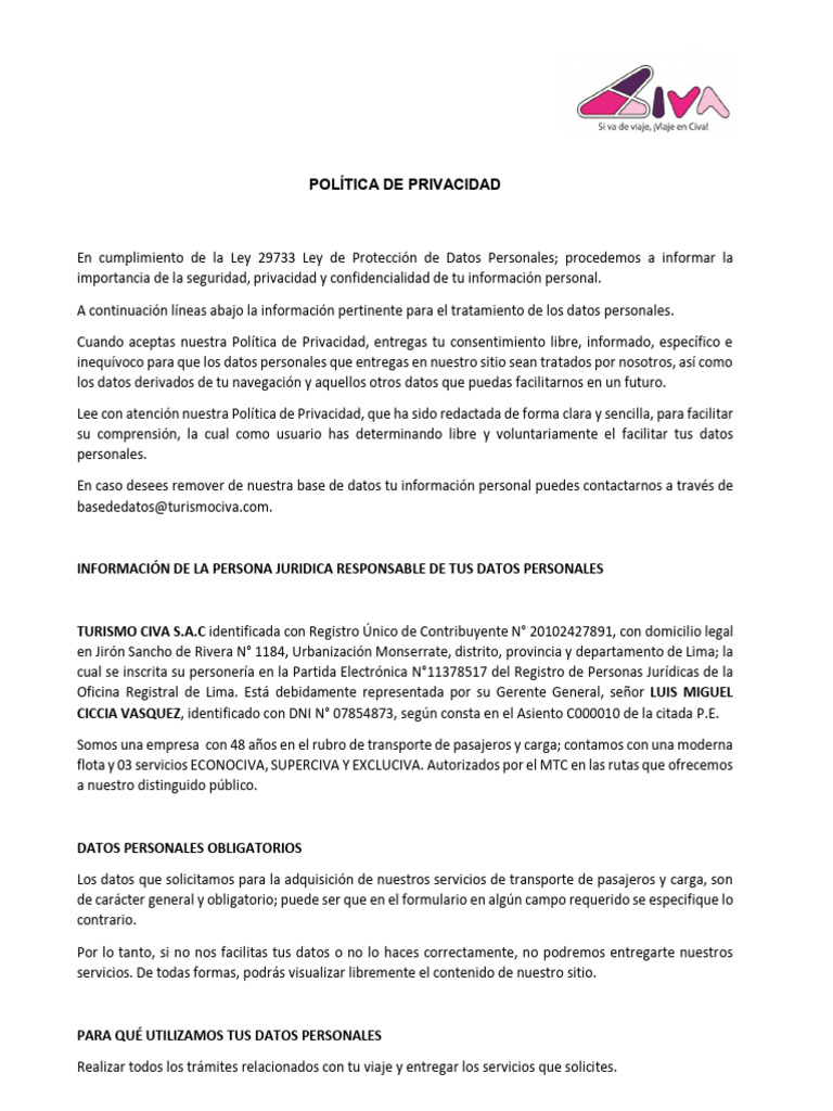 Civa Politica de Privacidad | PDF | Política de privacidad | Documento de identidad