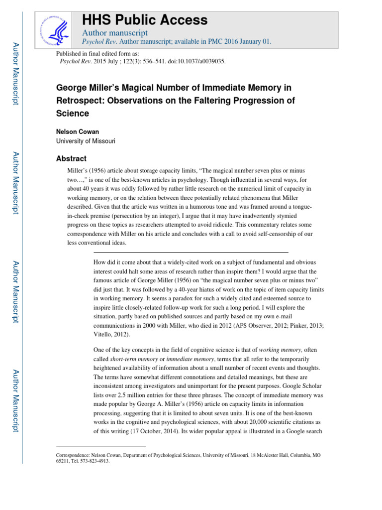 George Miller's Magical Number of Immediate Memory - Cowan | PDF | Working Memory | Memory