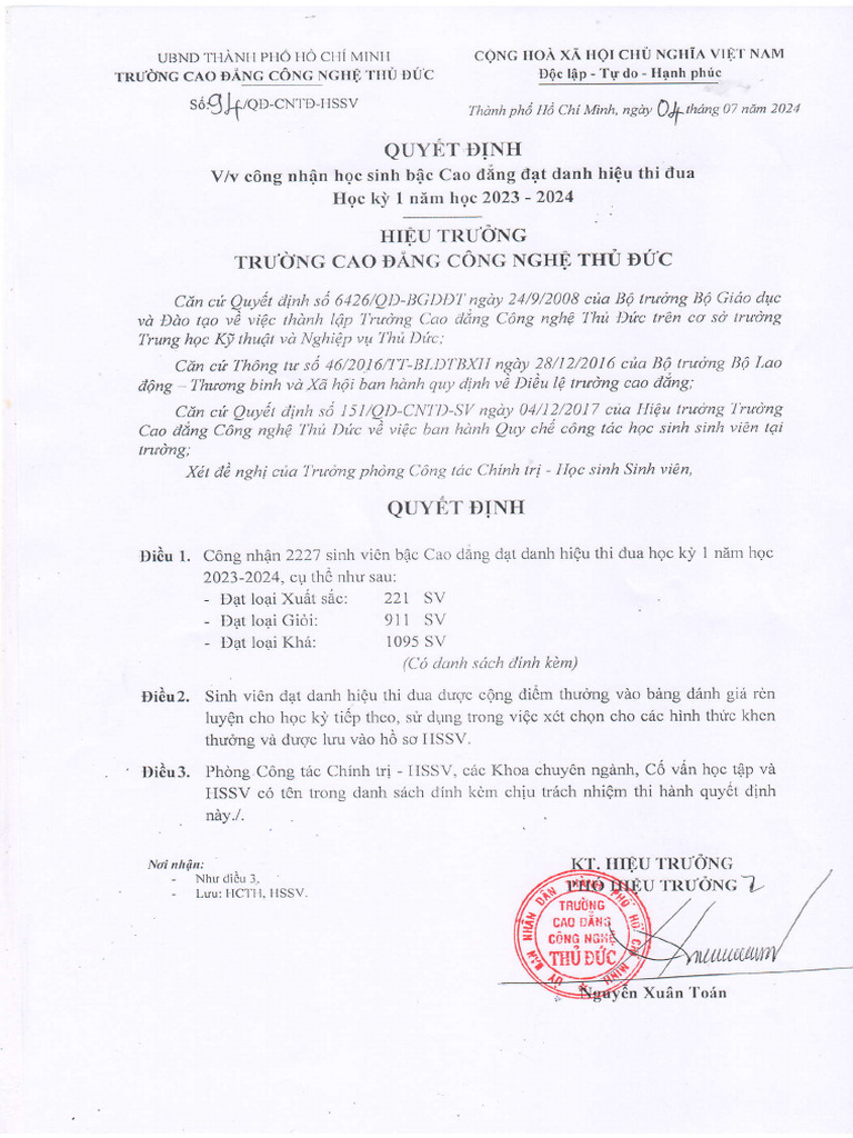 Quyet Dinh Cong Nhan Hoc Sinh Bac CD Dat Danh Hieu Thi Dua HK1 2023 ...