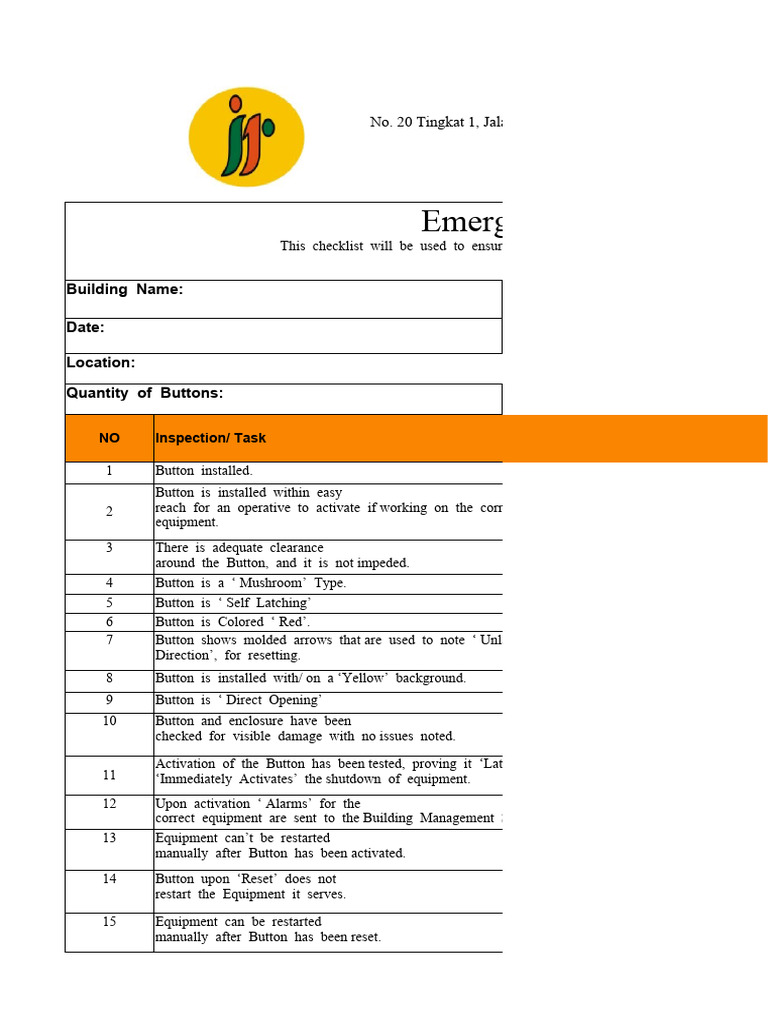 Emergency Stop Button Inspection Checklist | PDF