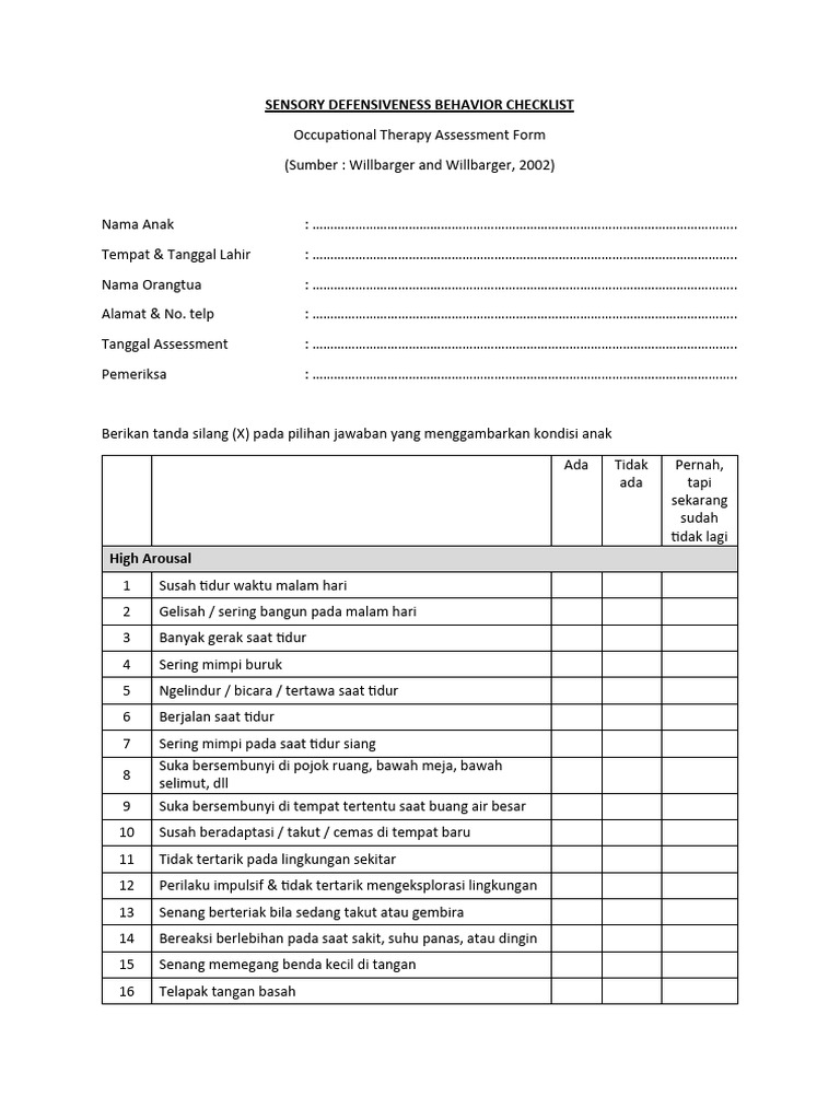 Sensory Defensiveness Behavior Checklist | PDF