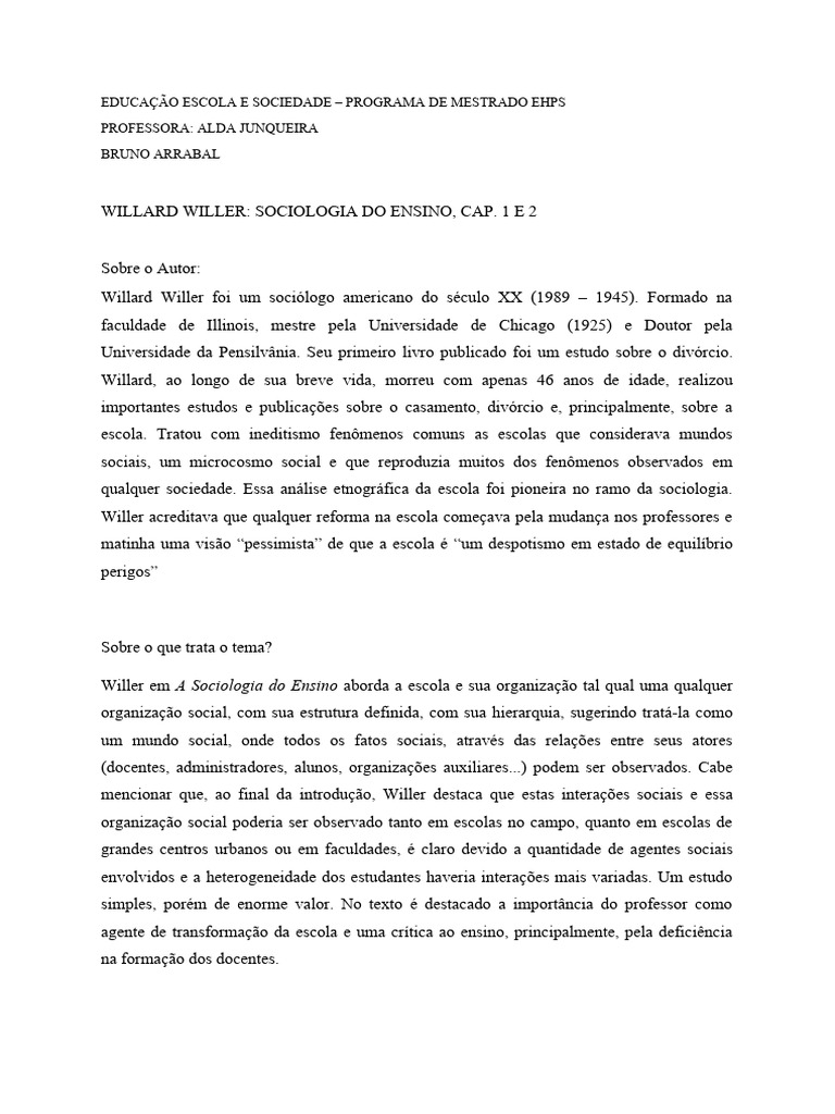Relatório Aula WILLARD WILLER | PDF | Sociologia | Escolas