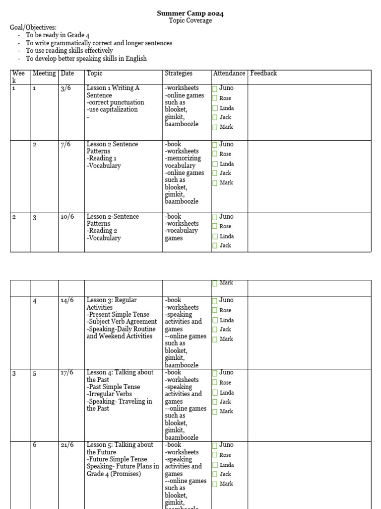 Summer Camp 2024 Grade 4 | PDF | Adjective | Grammatical Tense