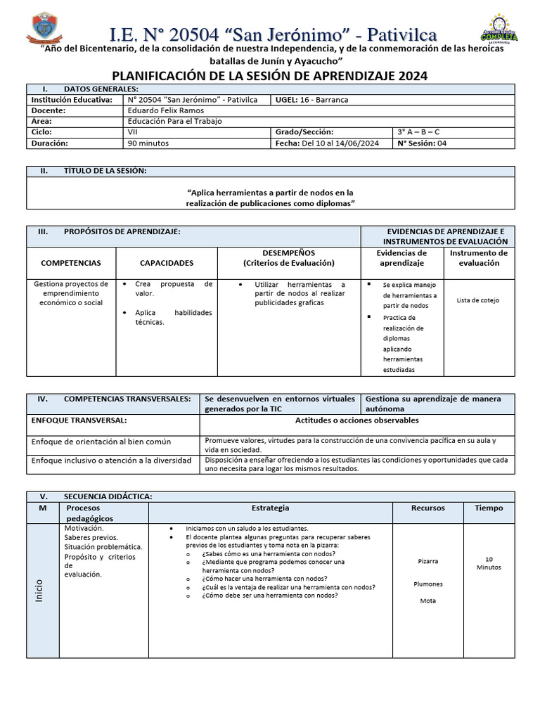 Sesión-Aprendizaje-04-EPT-3°-2024 | PDF | Evaluación | Aprendizaje