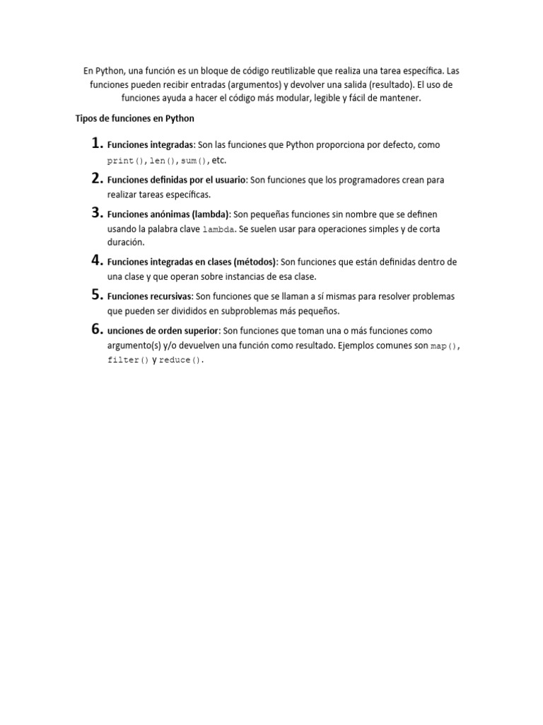 Tipos de funciones y bucles en Python | PDF | Python (lenguaje de programación) | Desarrollo de ...