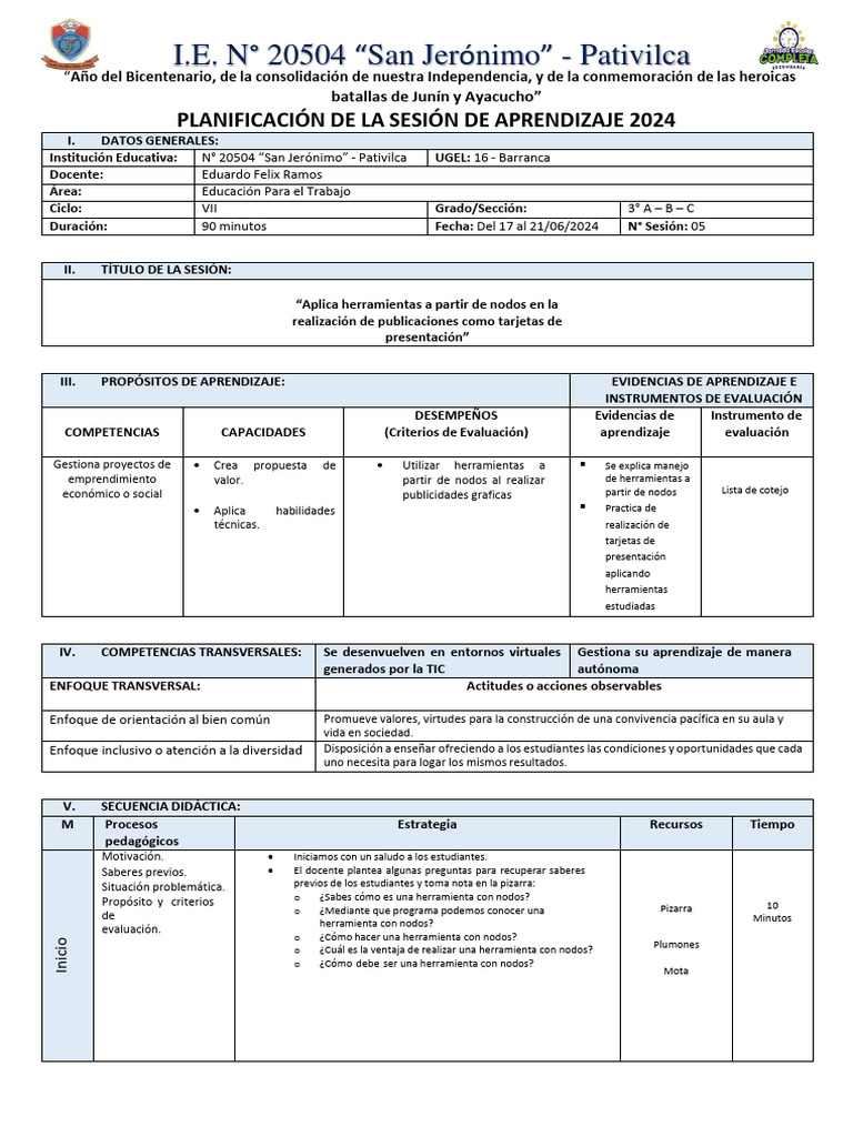 Sesión Aprendizaje 05 EPT 3° 2024 | PDF | Evaluación | Aprendizaje