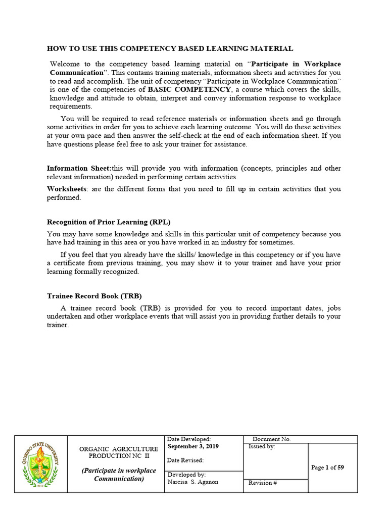 1 Basic Competency -Participate in Workplace Communication | PDF | Verb | Communication