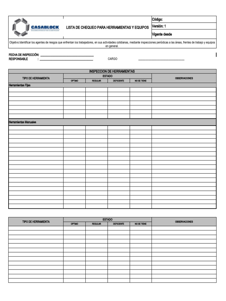 Formato Lista de Chequeo para Herramientas y Equipos | PDF