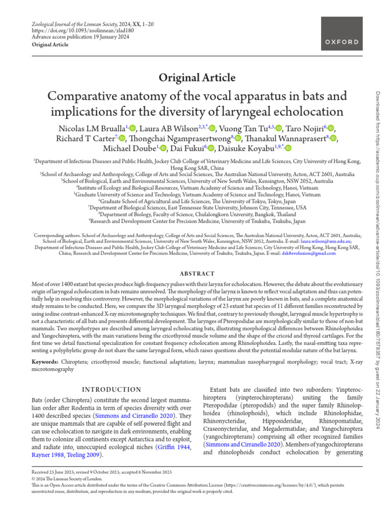 Comparative Anatomy of The Vocal Apparatus in Bats | PDF | Larynx | Bat
