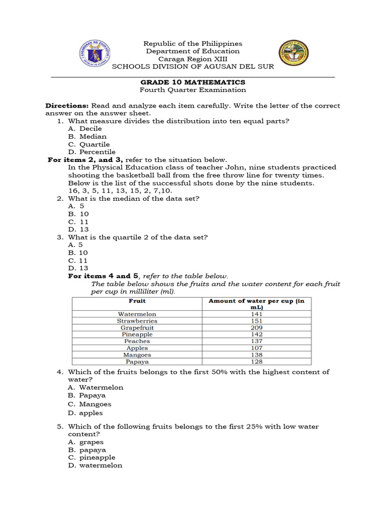 Math 10 Quarter 4 Test Questionnaire With TOS and Aswer Key | PDF ...