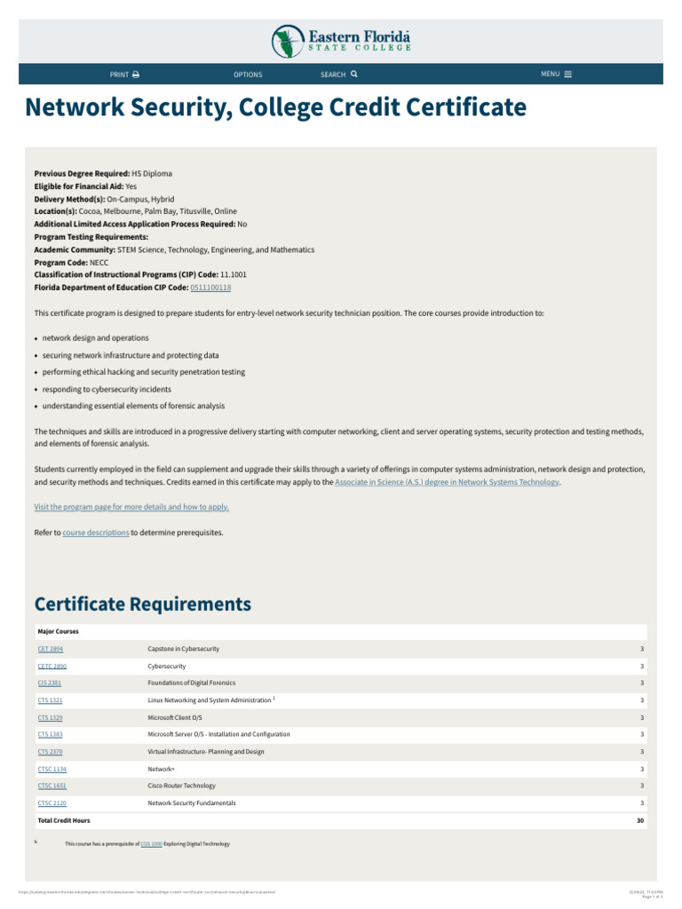 Network Security, College Credit Certificate Eastern Florida College System | PDF | Computer ...