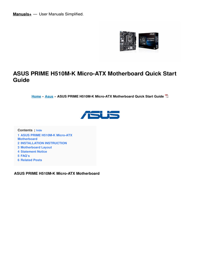 Asus Prime h510m K Micro Atx Motherboard Quick Start Guide | PDF ...